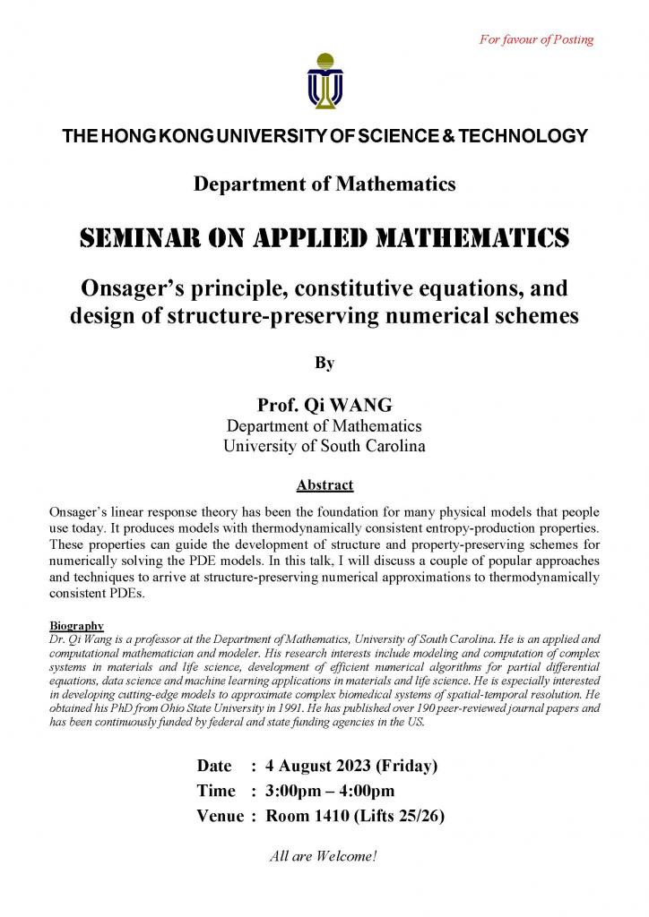 Department of Mathematics - Seminar on Applied Mathematics - Onsager’s principle, constitutive ...
